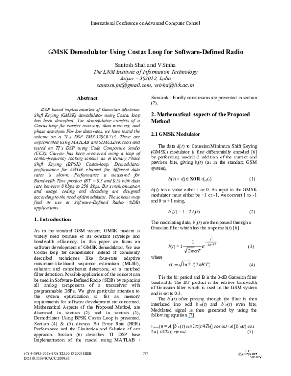 (PDF) GMSK Demodulator Using Costas Loop for Software-Defined Radio
