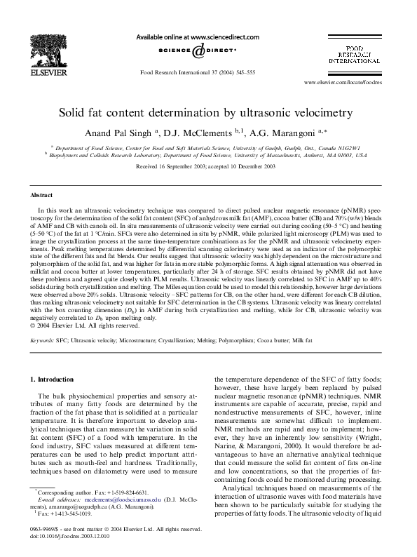 (PDF) Solid fat content determination by ultrasonic velocimetry