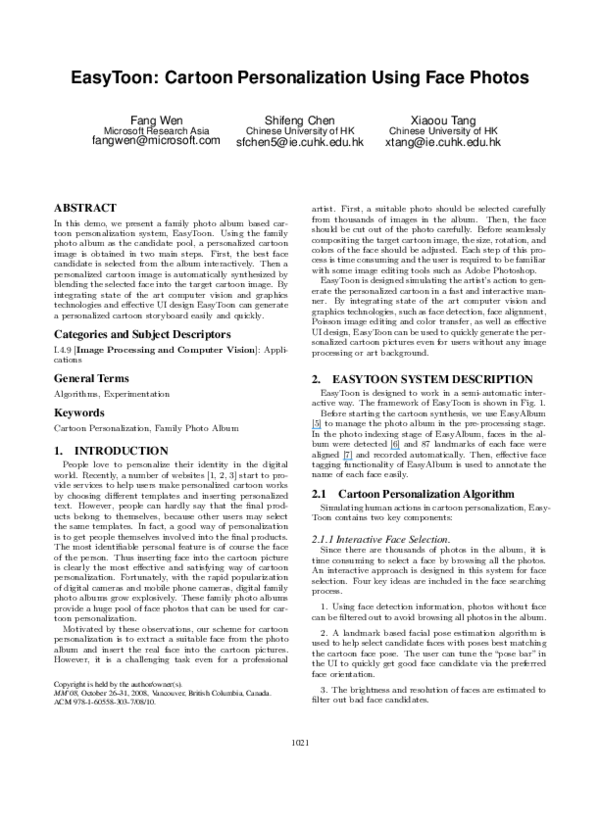 (PDF) EasyToon: cartoon personalization using face photos