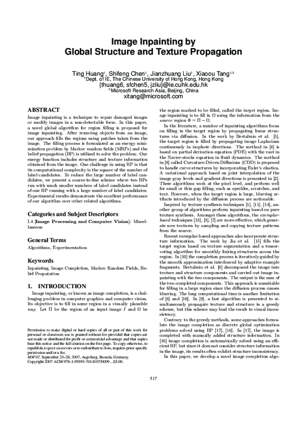 (PDF) Image inpainting by global structure and texture propagation