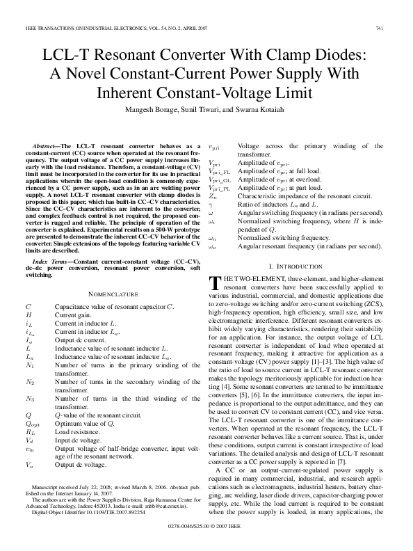 (PDF) LCL-T Resonant Converter With Clamp Diodes: A Novel Constant-Current Power Supply With ...