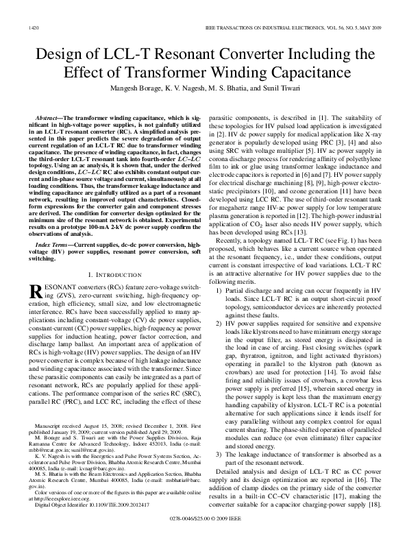 (PDF) Design of LCL-T Resonant Converter Including the Effect of Transformer Winding Capacitance