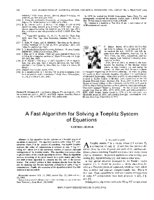 (PDF) A fast algorithm for solving a Toeplitz system of equations