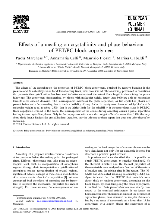 (PDF) Effects of annealing on crystallinity and phase behaviour of PET ...