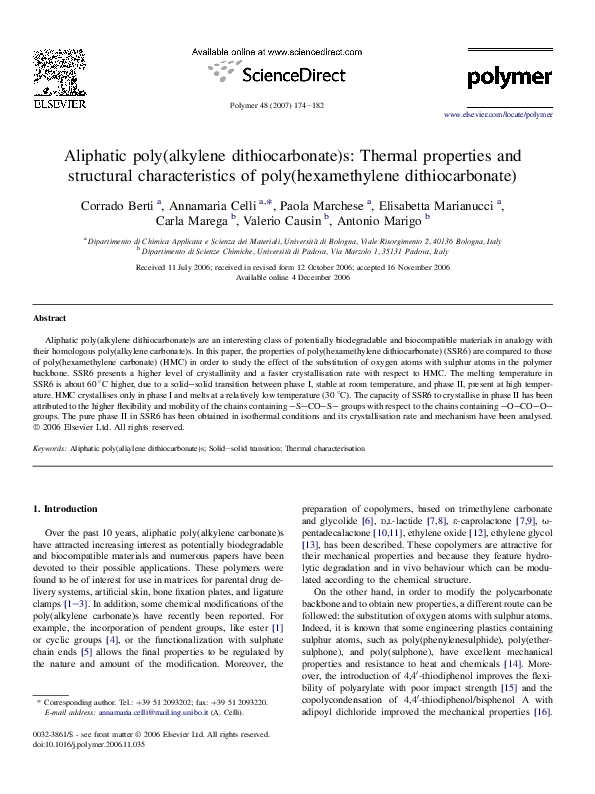 (PDF) Aliphatic poly(alkylene dithiocarbonate)s: Thermal properties and ...