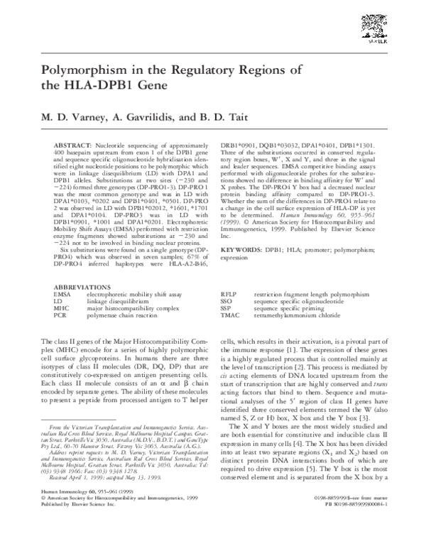 (PDF) Polymorphism in the regulatory regions of the HLA-DPB1 gene