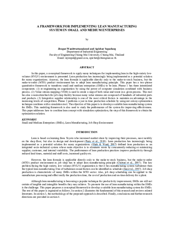 (PDF) A Framework for Implementing Lean Manufacturing System in Small and Medium Enterprises