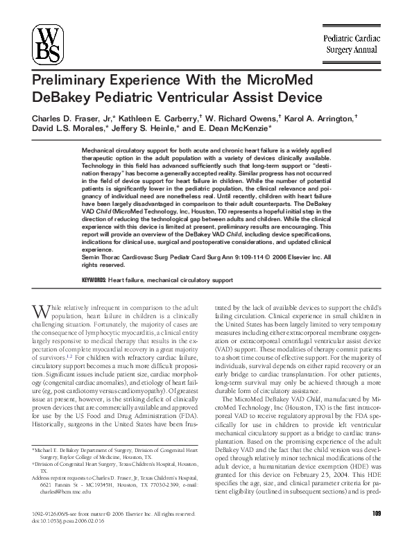 (PDF) Preliminary Experience With the MicroMed DeBakey Pediatric ...