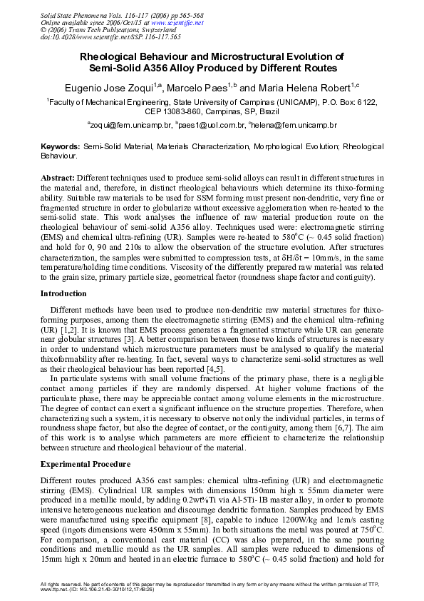 (PDF) Rheological Behaviour and Microstructural Evolution of SemiSolid A356 Alloy Produced by ...