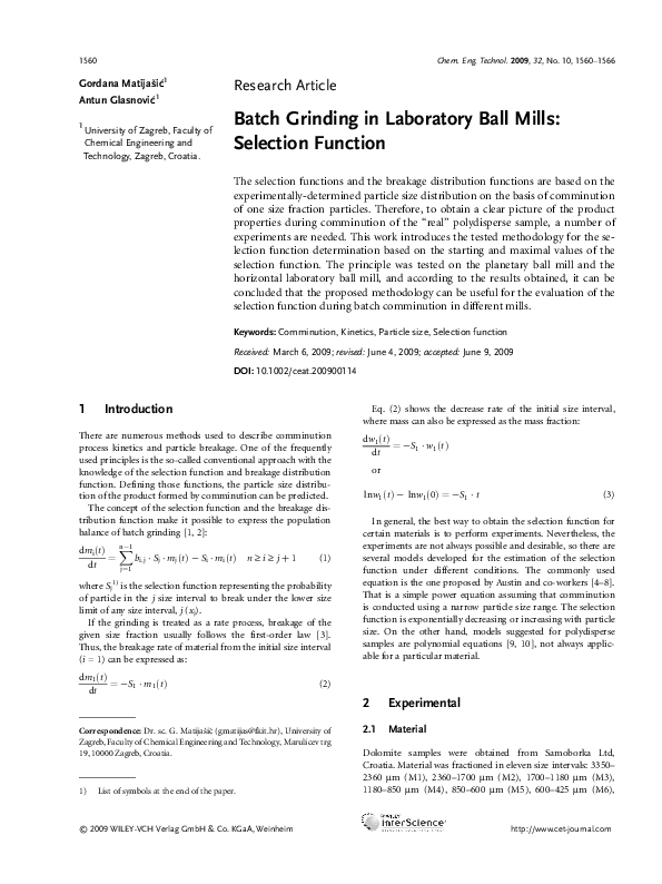 (PDF) Batch Grinding in Laboratory Ball Mills: Selection Function