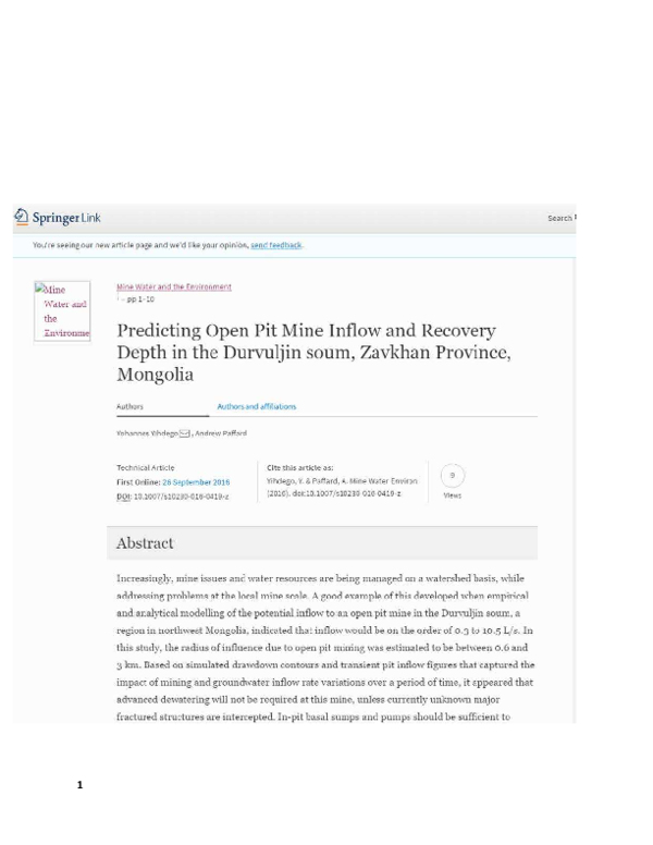 Pdf Predicting Open Pit Mine Inflow And Recovery Depth In The Durvuljin Soum Zavkhan Province