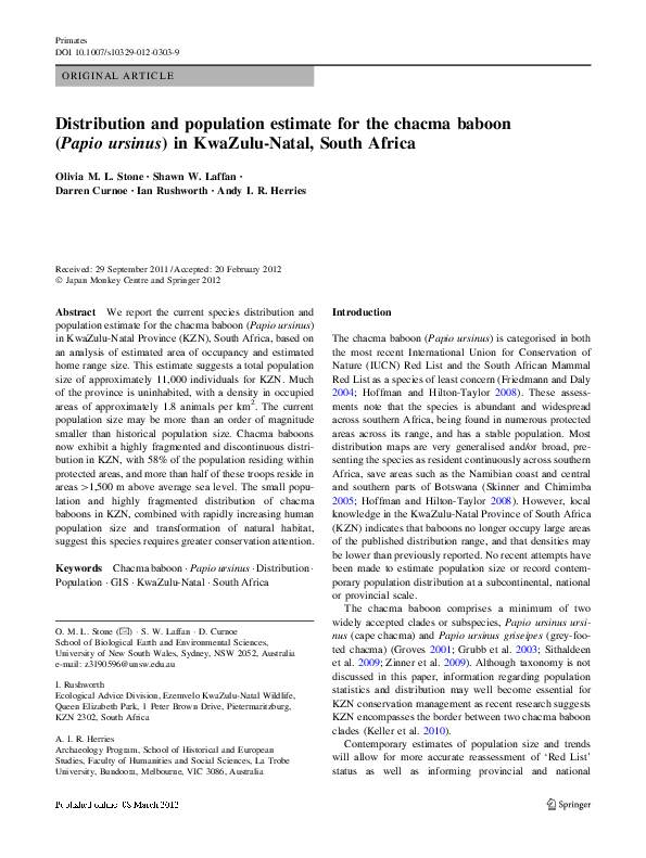(PDF) Distribution and population estimate for the chacma baboon (Papio ...