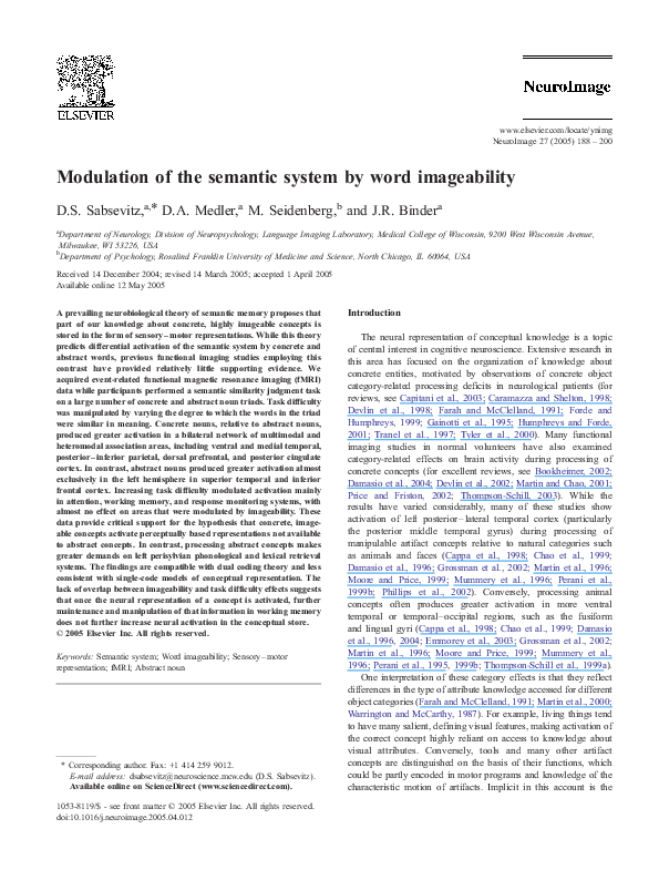 (PDF) Modulation of the semantic system by word imageability