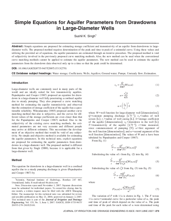 (PDF) Simple Equations for Aquifer Parameters from Drawdowns in Large ...