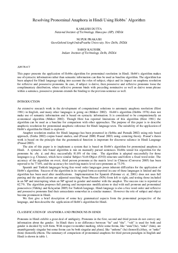 (PDF) Resolving Pronominal Anaphora in Hindi using Hobbs' Algorithm