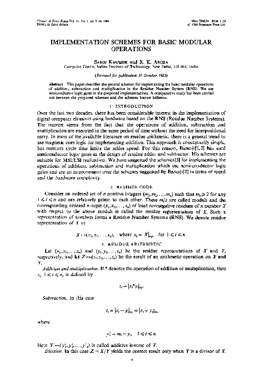 (PDF) Implementation schemes for basic modular operations