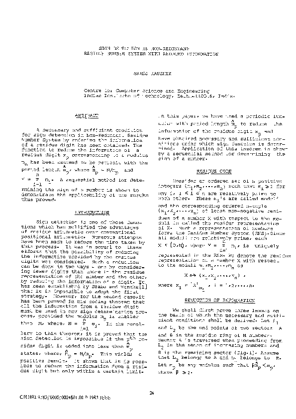 Pdf Sign Detection In Non Redundant Residue Number System With Reduced Information Saroj 