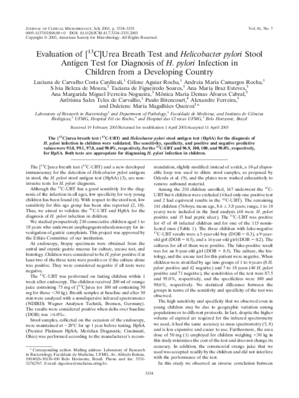 (PDF) Evaluation of [13C]Urea Breath Test and Helicobacter pylori Stool ...