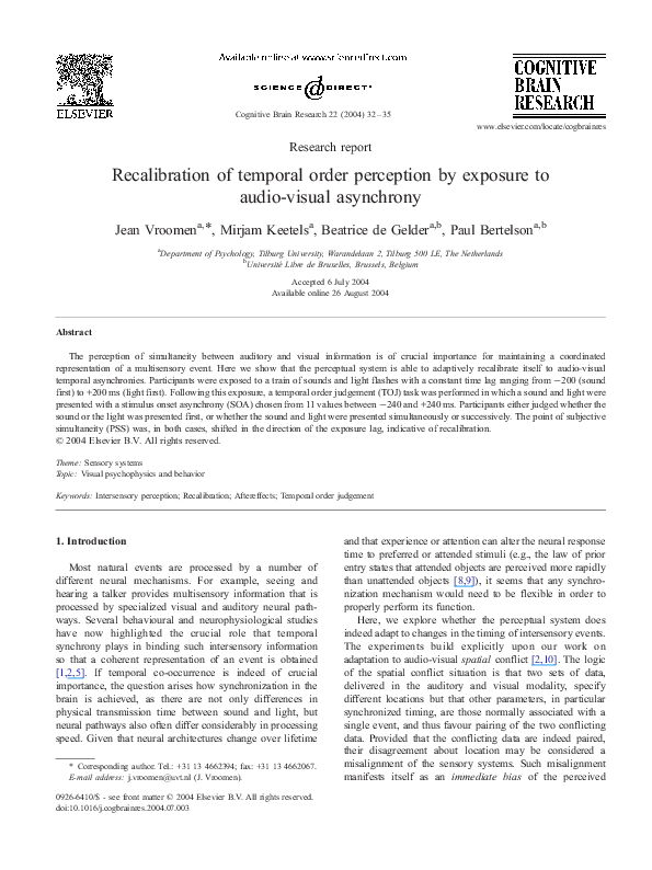 (PDF) Recalibration of temporal order perception by exposure to audio-visual asynchrony