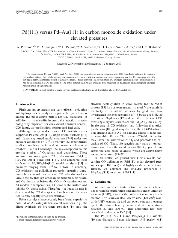 (PDF) Pd(111) versus Pd–Au(111) in carbon monoxide oxidation under ...