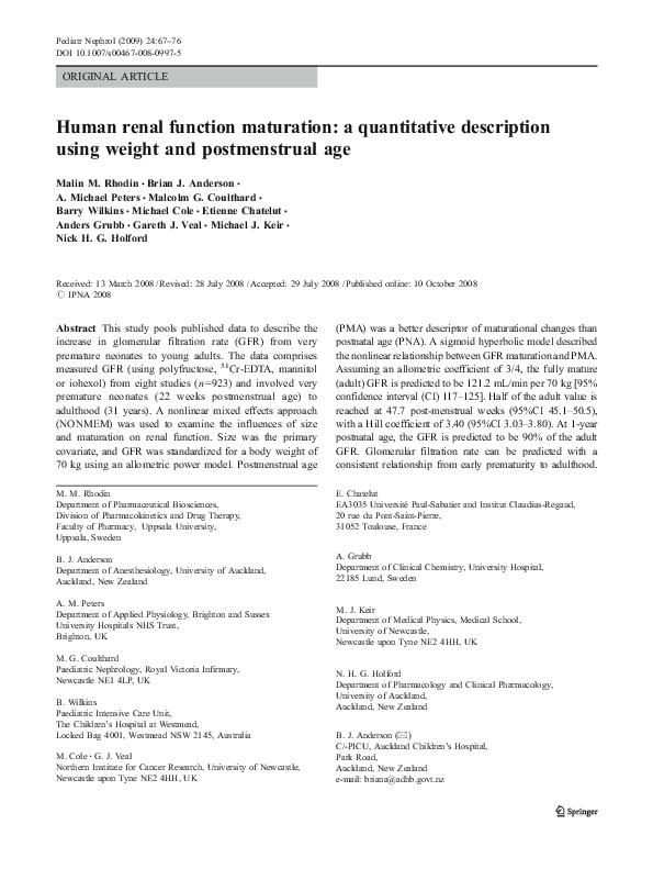 (PDF) Human renal function maturation: a quantitative description using ...