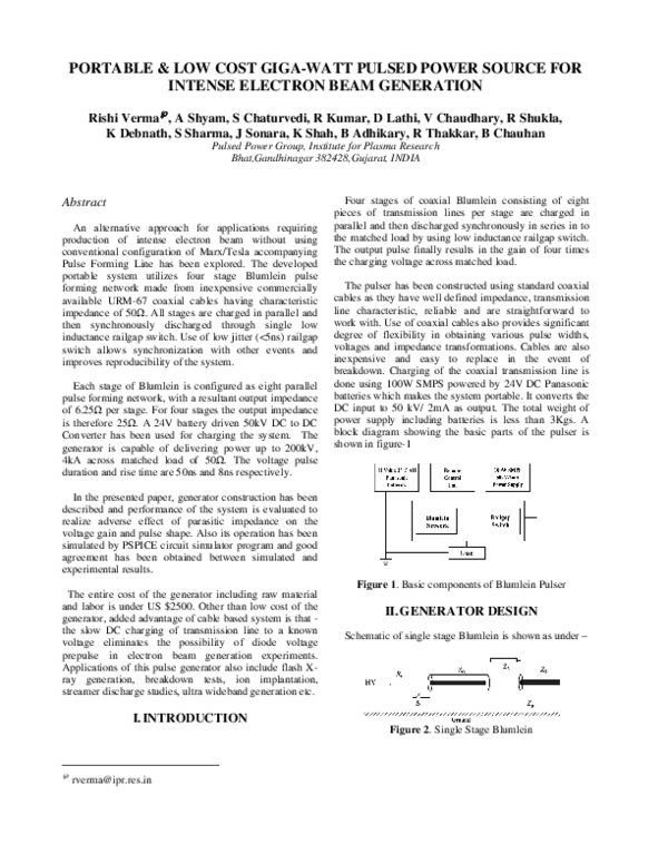 (PDF) Low Cost Gigawatt Pulsed Power Source for Intense Electron Beam Generation | Rishi Verma ...