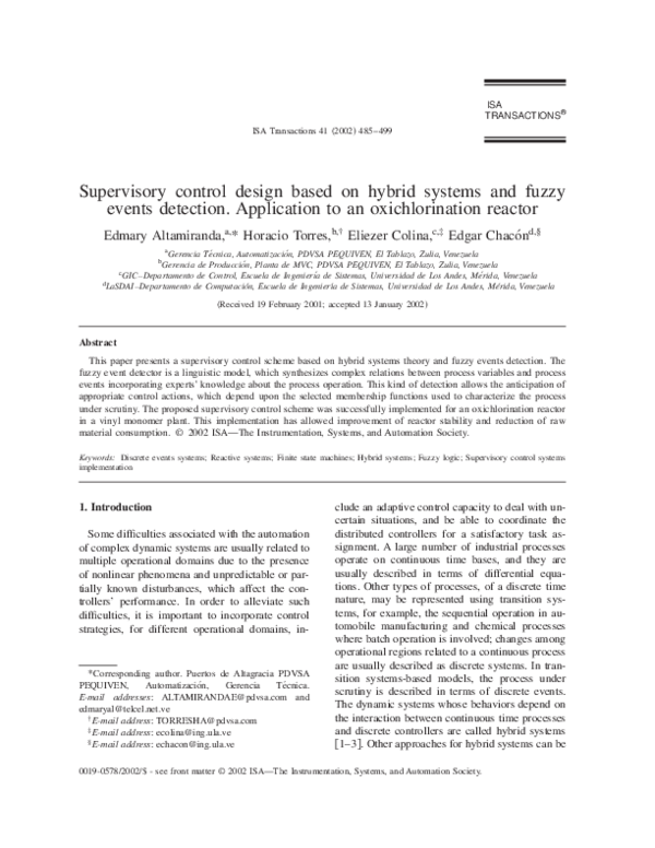 (PDF) Supervisory control design based on hybrid systems and fuzzy events detection. Application ...