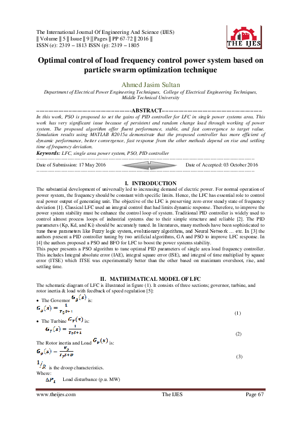 (PDF) PSO-Based: MARL Approach for Frequency Regulation of Multi-area Power System | Kamlesh ...