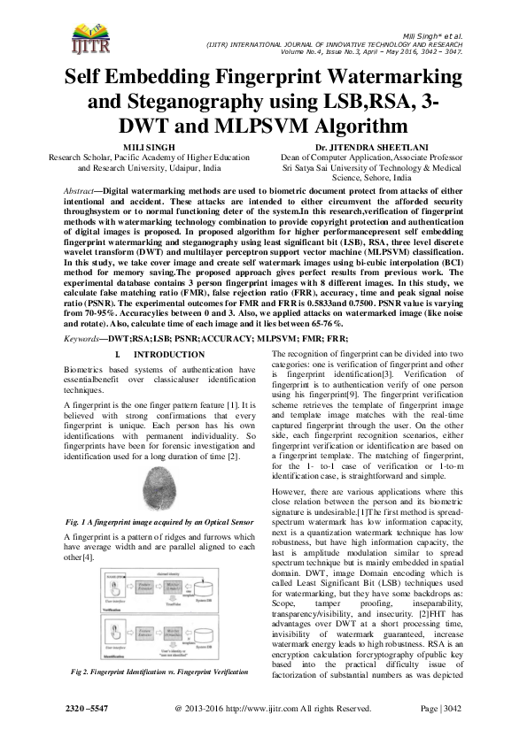 Pdf Self Embedding Fingerprint Watermarking And Steganography Using Lsb Rsa 3 Dwt And Mlpsvm