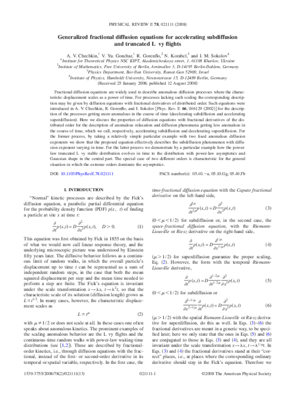 Pdf Generalized Fractional Diffusion Equations For Accelerating Subdiffusion And Truncated