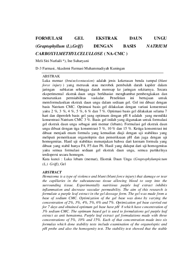 (PDF) FORMULASI GEL EKSTRAK DAUN UNGU (Graptophyllum (L).Griff) DENGAN ...
