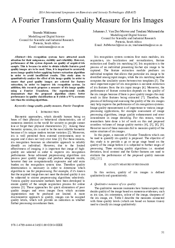 (PDF) A fourier transform quality measure for iris images