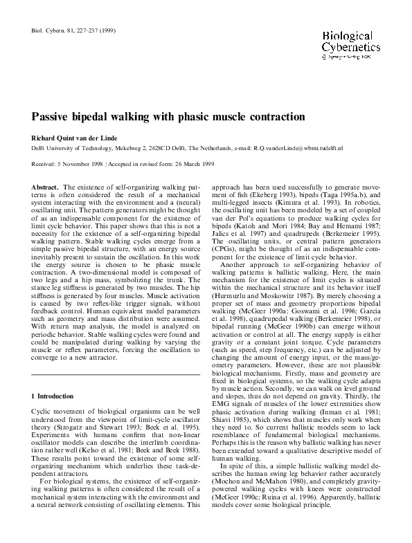 (PDF) Passive bipedal walking with phasic muscle contraction