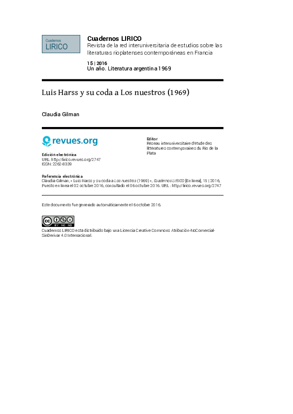 (PDF) Claudia Gilman Luis Harss y su coda a los nuestros 1969
