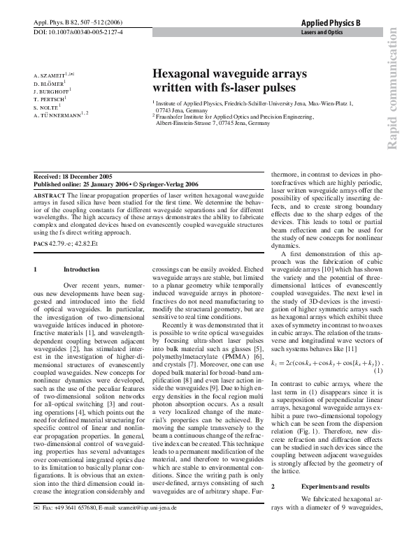 (PDF) Hexagonal waveguide arrays written with fs-laser pulses