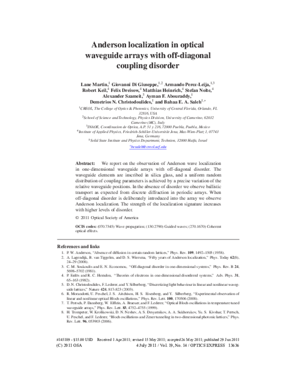 Pdf Anderson Localization In Optical Waveguide Arrays With Off