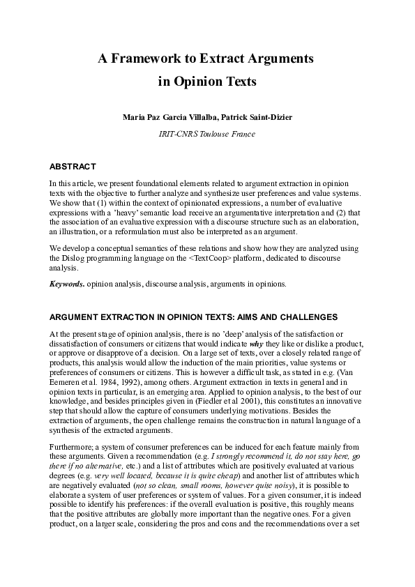 (DOC) A Framework to Extract Arguments in Opinion Texts
