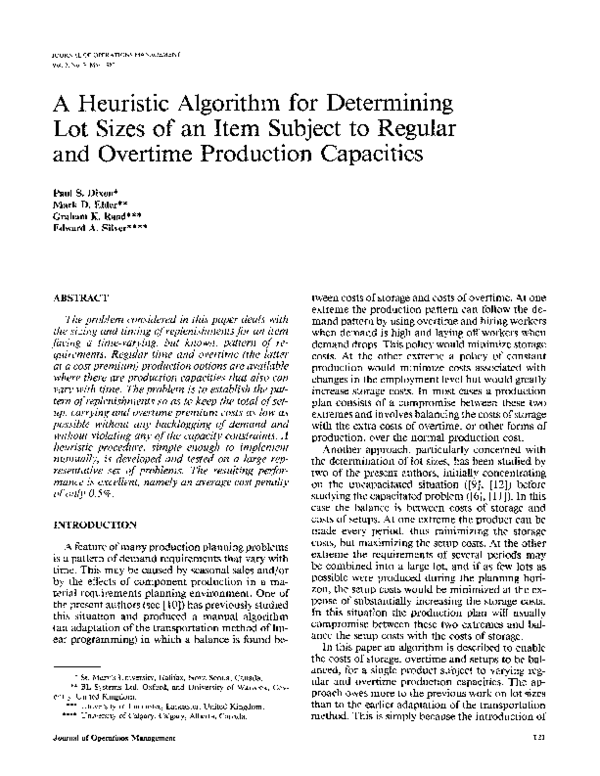 Pdf A Heuristic Algorithm For Determining Lot Sizes Of An Item Subject To Regular And Overtime