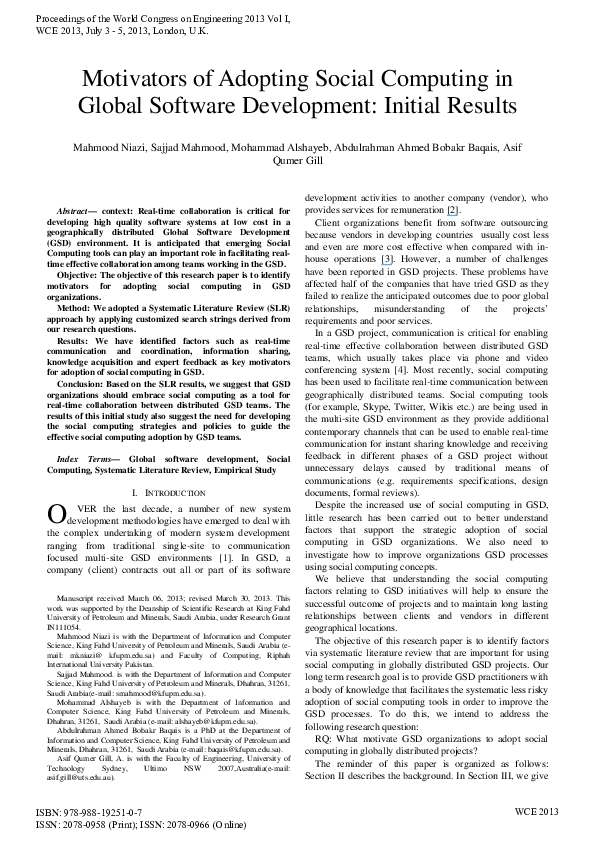 (PDF) Motivators of Adopting Social Computing in Global Software Development: Initial Results