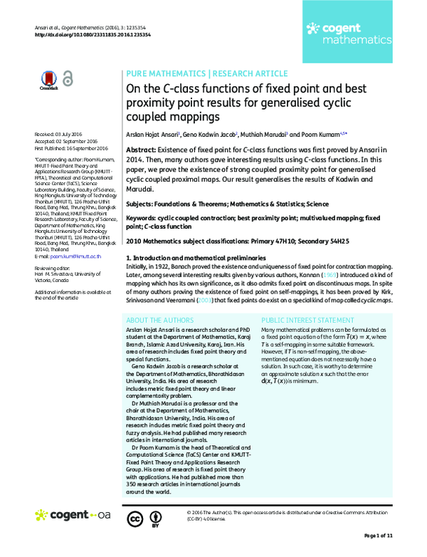 Pdf On The C Class Functions Of Fixed Point And Best Proximity Point Results For Generalised
