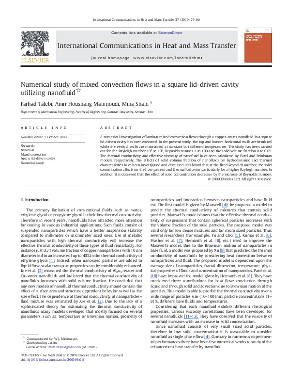 (PDF) Numerical study of mixed convection flows in a square lid-driven cavity utilizing nanofluid