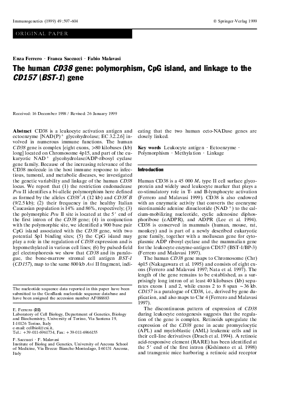 (PDF) The human CD38 gene: polymorphism, CpG island, and linkage to the ...