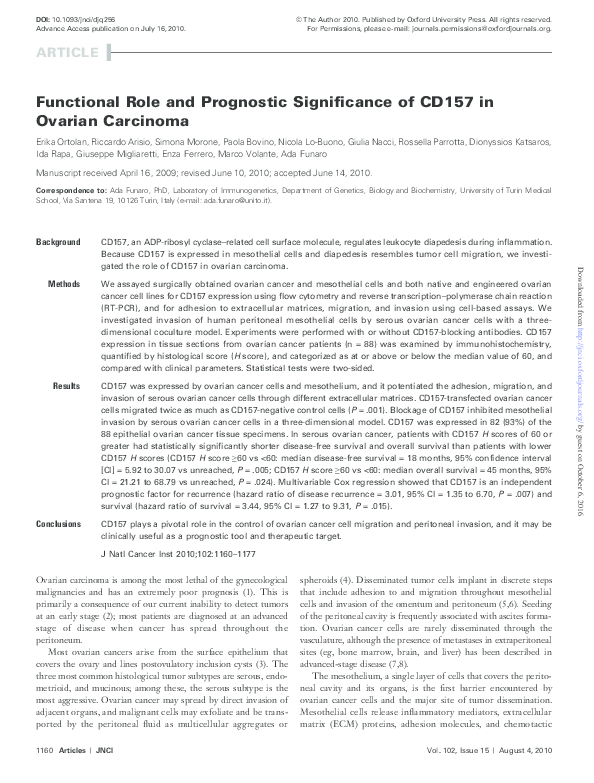 (PDF) Functional Role and Prognostic Significance of CD157 in Ovarian ...