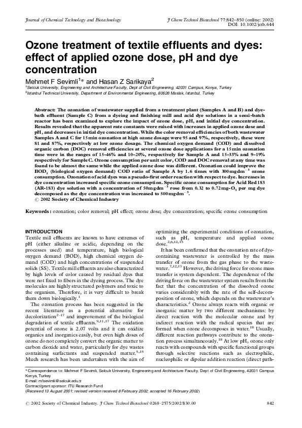 (PDF) Ozone treatment of textile effluents and dyes: effect of applied ...