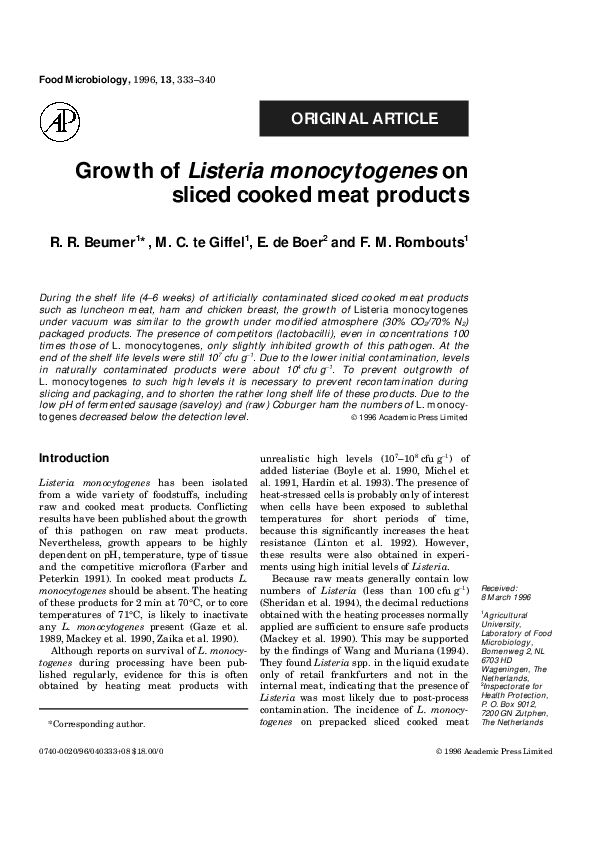 (PDF) Growth of Listeria monocytogenes on sliced cooked meat products