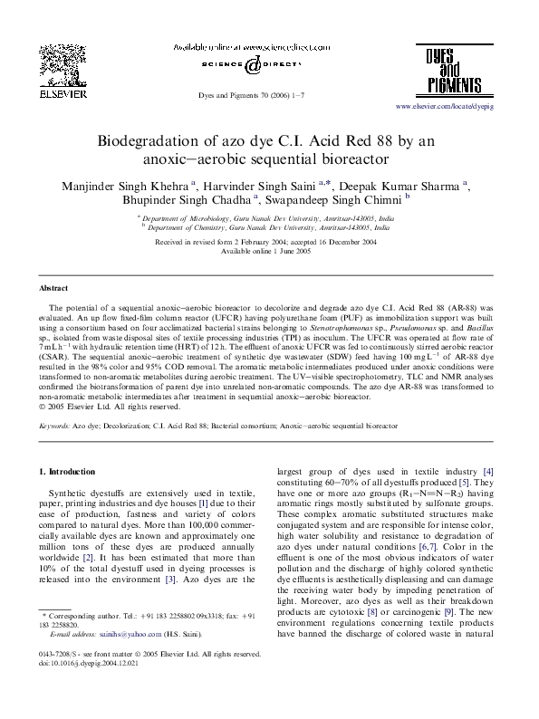 (PDF) Biodegradation of azo dye C.I. Acid Red 88 by an anoxic–aerobic sequential bioreactor