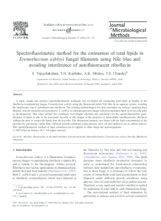 Pdf Spectrofluorimetric Method For The Estimation Of Total Lipids In