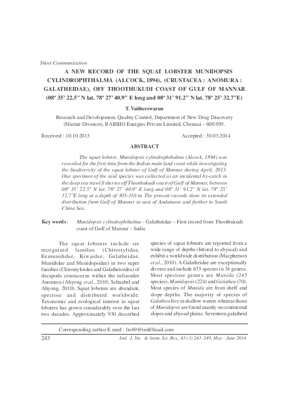 (PDF) First record of the rarely known squat lobster, Allomunida ...