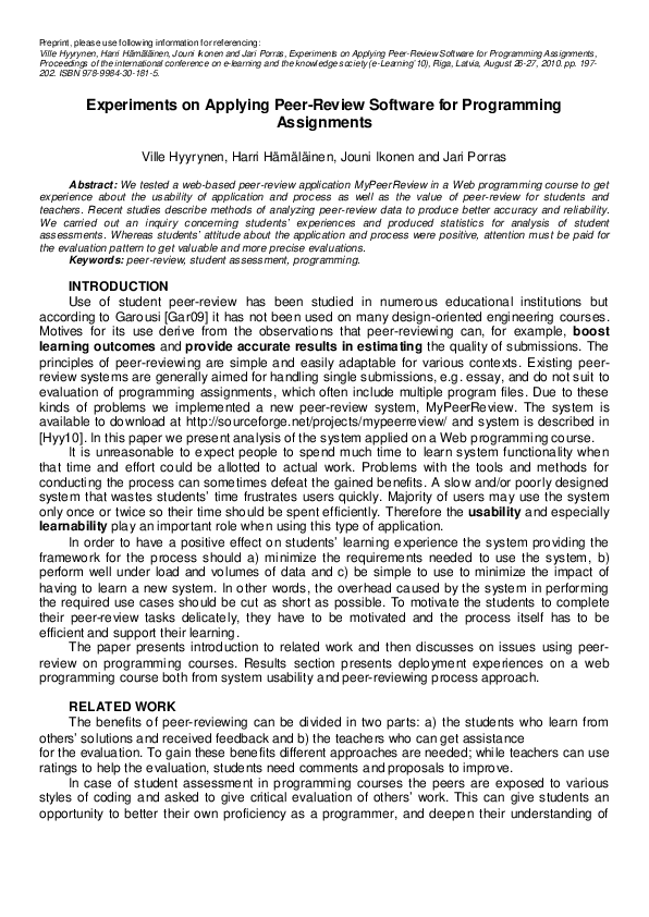 Pdf Experiments On Applying Peer Review Software For Programming Assignments