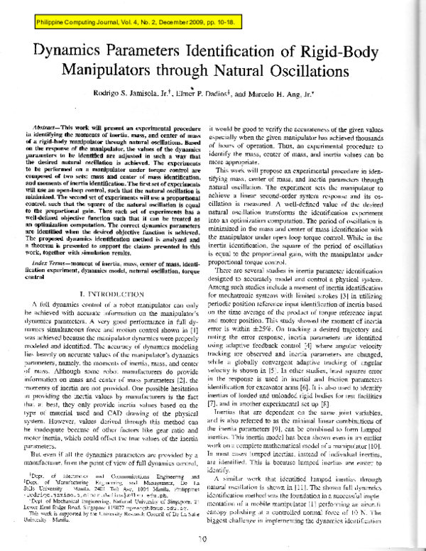 (PDF) Dynamics Parameters Identification of Rigid-Body Manipulators through Natural oscillations